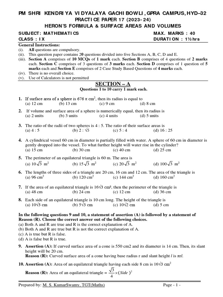 Maths Class Ix Chapter 12 and 13 Mensuration Unit Practice Paper | Download Free PDF | Area | Sphere