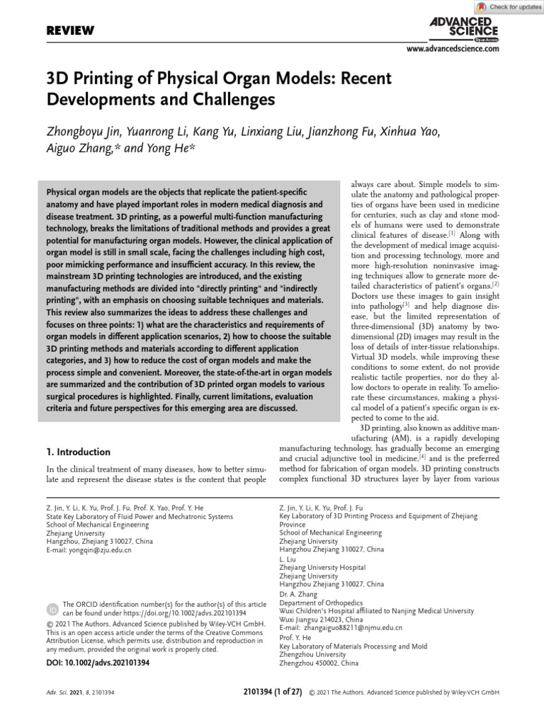 Advanced Science - 2021 - Jin - 3D Printing of Physical Organ Models Recent Developments and ...