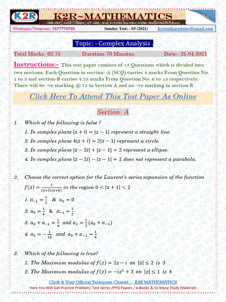 Sunday Test-03, Complex Analysis With Answer Key, K2R, For CSIR NET ...