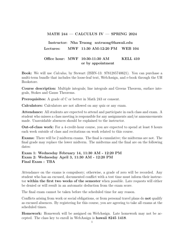 Calculus IV Course Syllabus 2024 | PDF