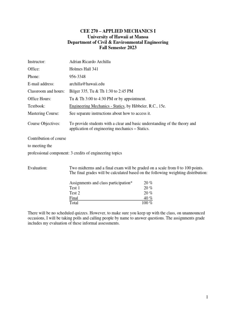 CEE 270 Course Syllabus - Fall 2023 | PDF