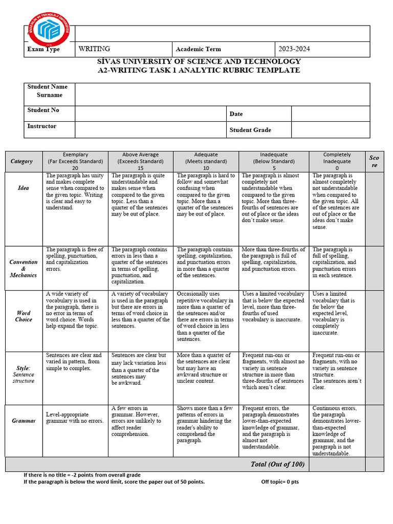 A2 1st Writing Task Analytic Rubric | PDF