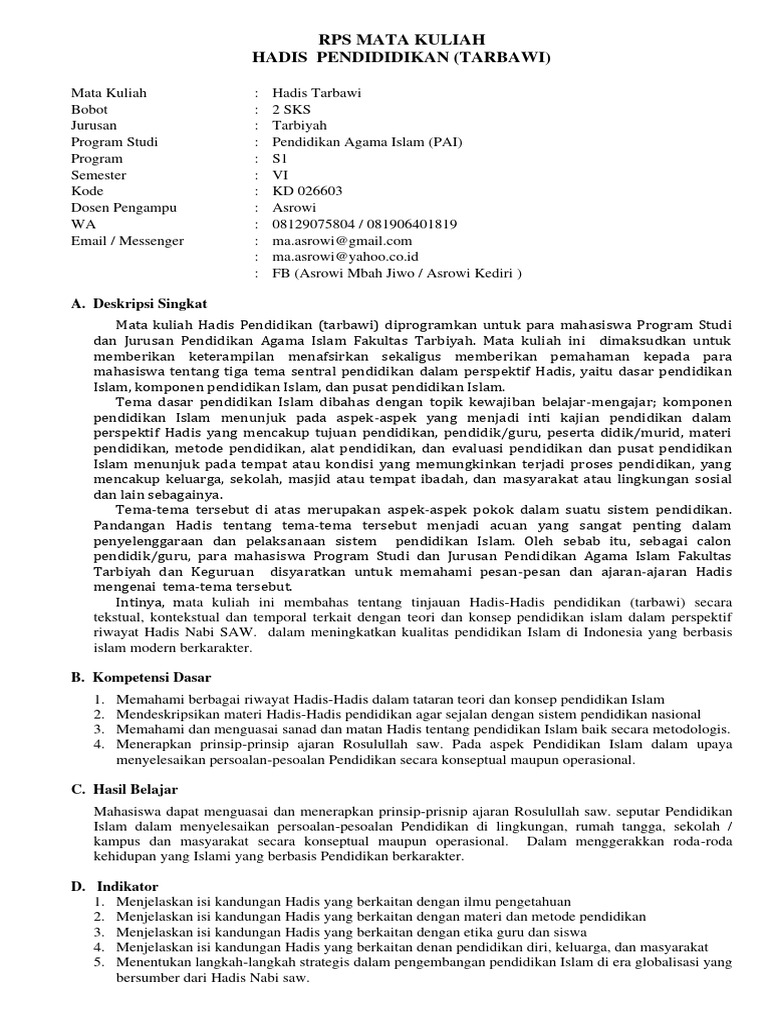@ RPS Mata Kuliah Hadis Pendidikan 2022 | PDF