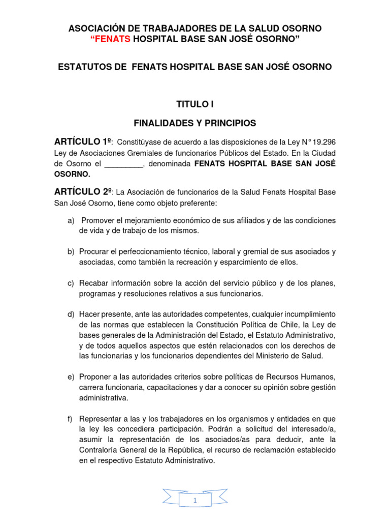 Borrado Estatuto Fenats Hospital Base San Jose Osorno | PDF | Votación | Hospital