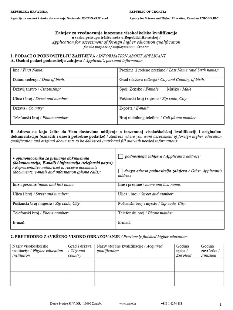 Obrazac Zahtjeva Za Vrednovanje IVK | PDF