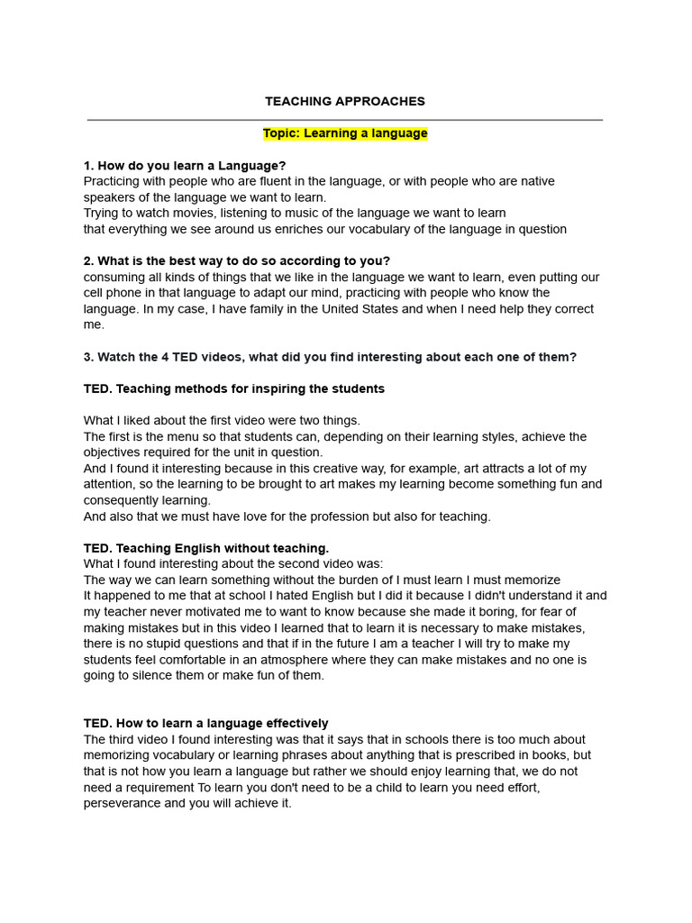 TEACHING APPROACHES Learning A Language | PDF | Learning | Vocabulary