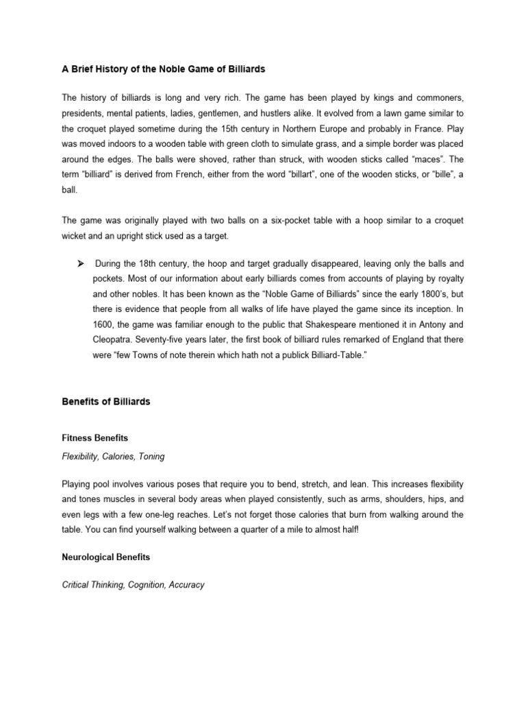 A Brief History of The Noble Game of Billiards | PDF | Cue Sports ...