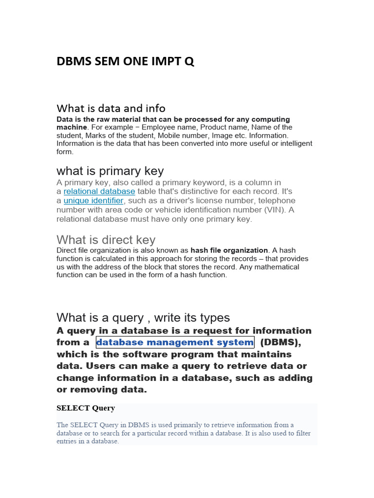 DBMS Key Concepts & Queries Guide | PDF
