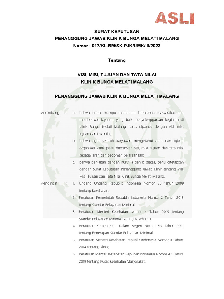 SK Visi, Misi, Tujuan Dan Tata Nilai | PDF | Kesehatan Holistik