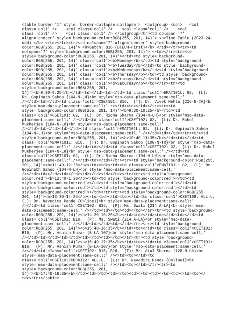 Time Table 2023-24-Odd BTECH First B16 | PDF