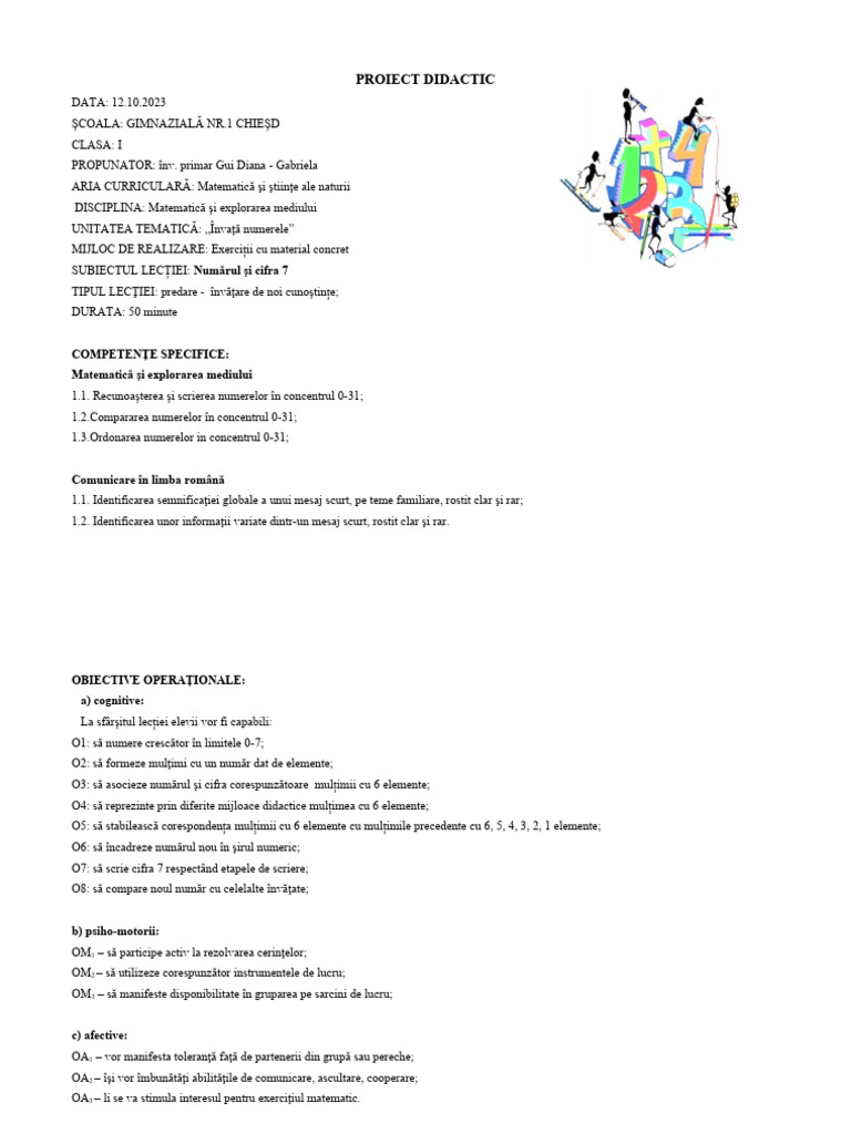 Proiect Didactic Mem CP Numarul Si Cifra 7 | PDF