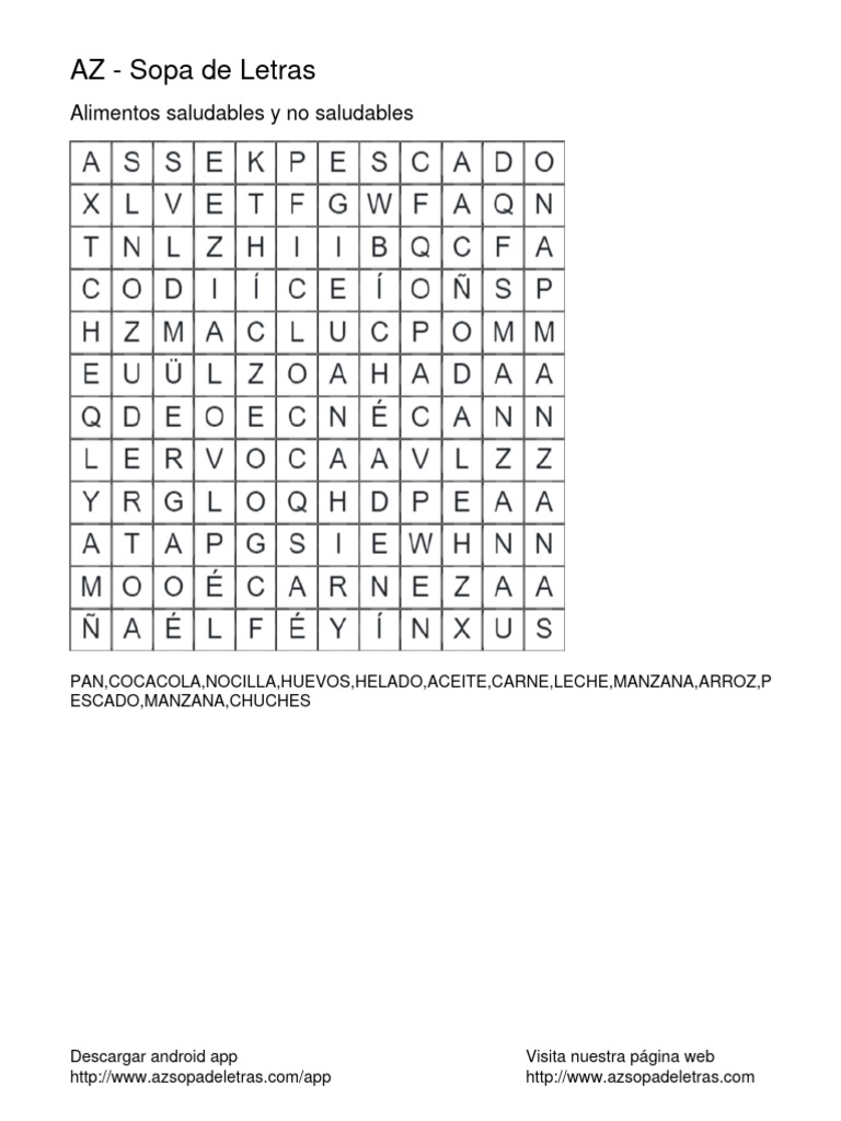 Sopa de Letras: Alimentos Saludables | PDF