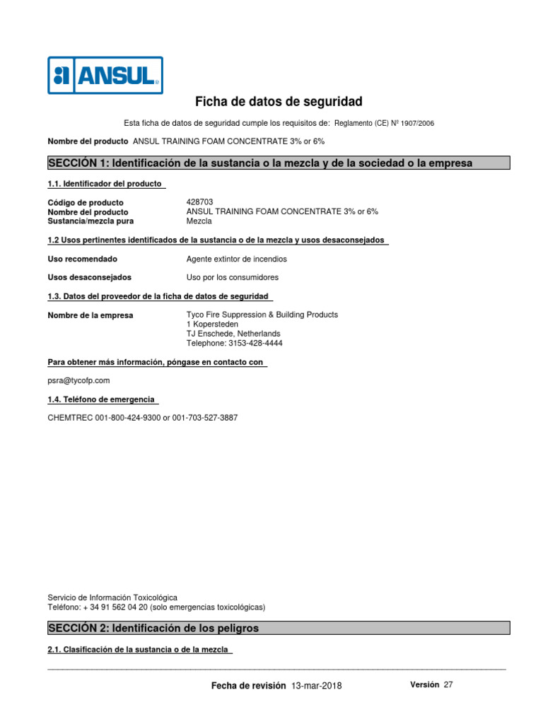 ANSUL TRAINING FOAM CONCENTRATE 3% or 6% MTR EGHS ES | PDF