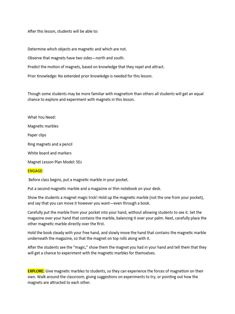 5es Lesson Plan Magnetism | PDF