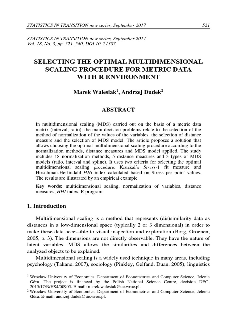 M.walesiak A.dudek - Selecting The Optimal Multidimensional Scaling Procedure For Metric Data ...