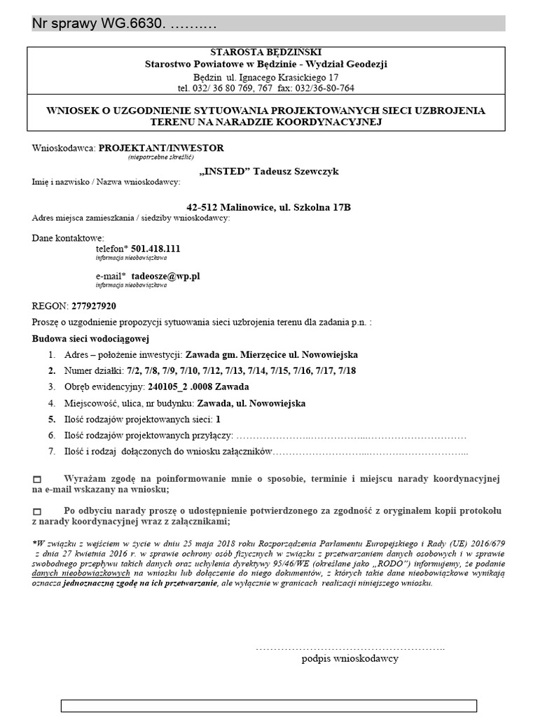 Wniosek o Uzgodnienie Sytuowania Projektowanych Sieci Uzbrojenia Terenu Na Naradzie ...