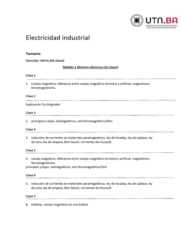 Electricidad Industrial Temario 2022 Clase Por Clase | PDF