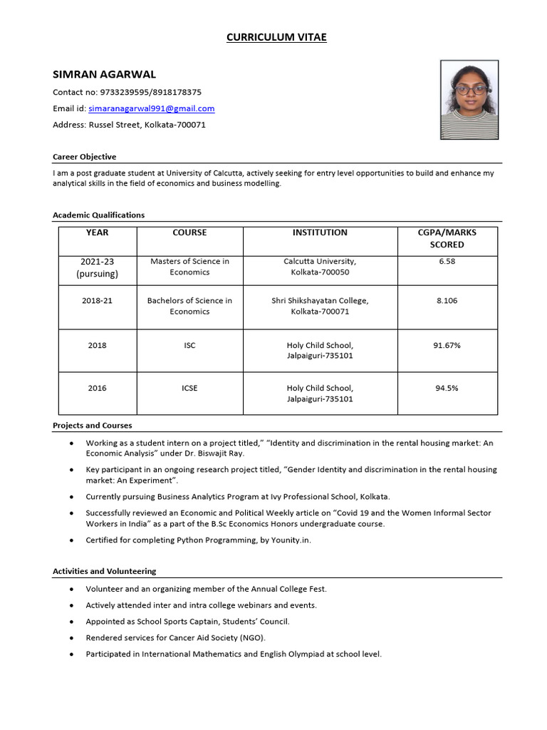 Simran Agarwal: Curriculum Vitae | PDF