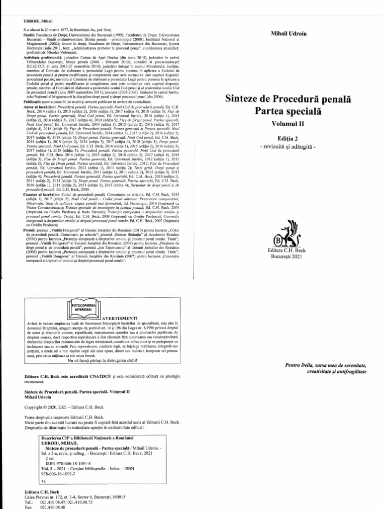 Sinteze Procedura Penala Partea Speciala Vol 2 Ed 2 Udroiu 2021 Pdf