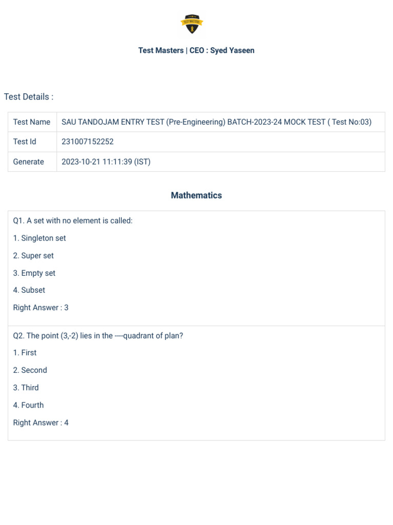 3rd Solved Mock Test of SAU TANDOJAM (Pre-Engineering) | PDF