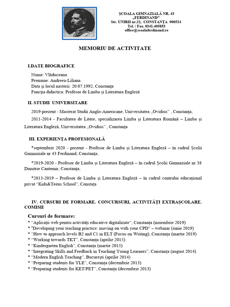 Memoriu de Activitate | PDF