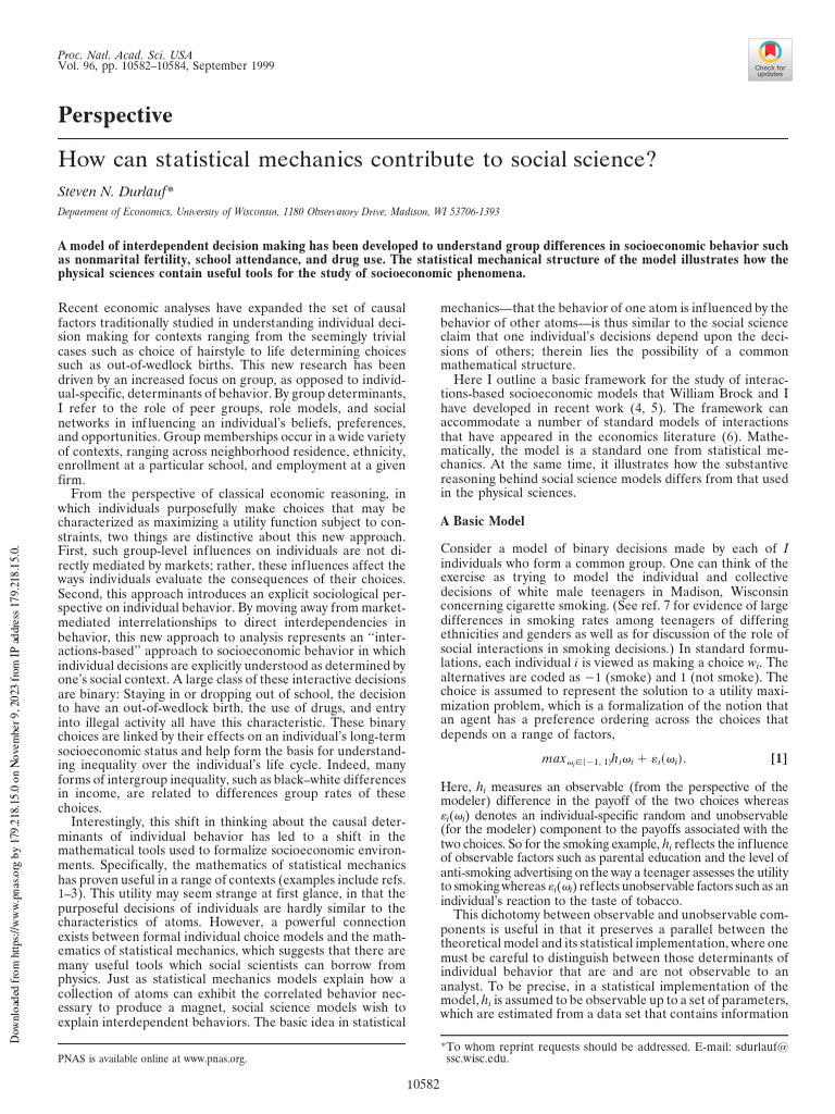 How Can Statistical Mechanics Contribute To Social Science | PDF ...