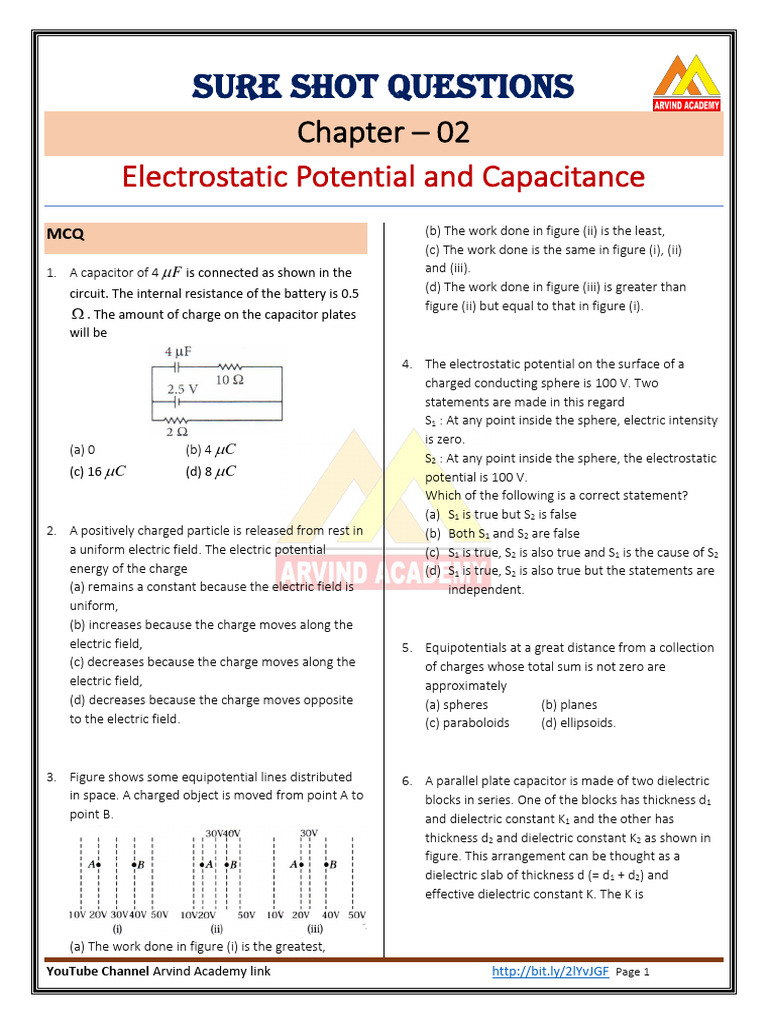 Question Chap 2-Electrostatics Potential & Capacitance | PDF