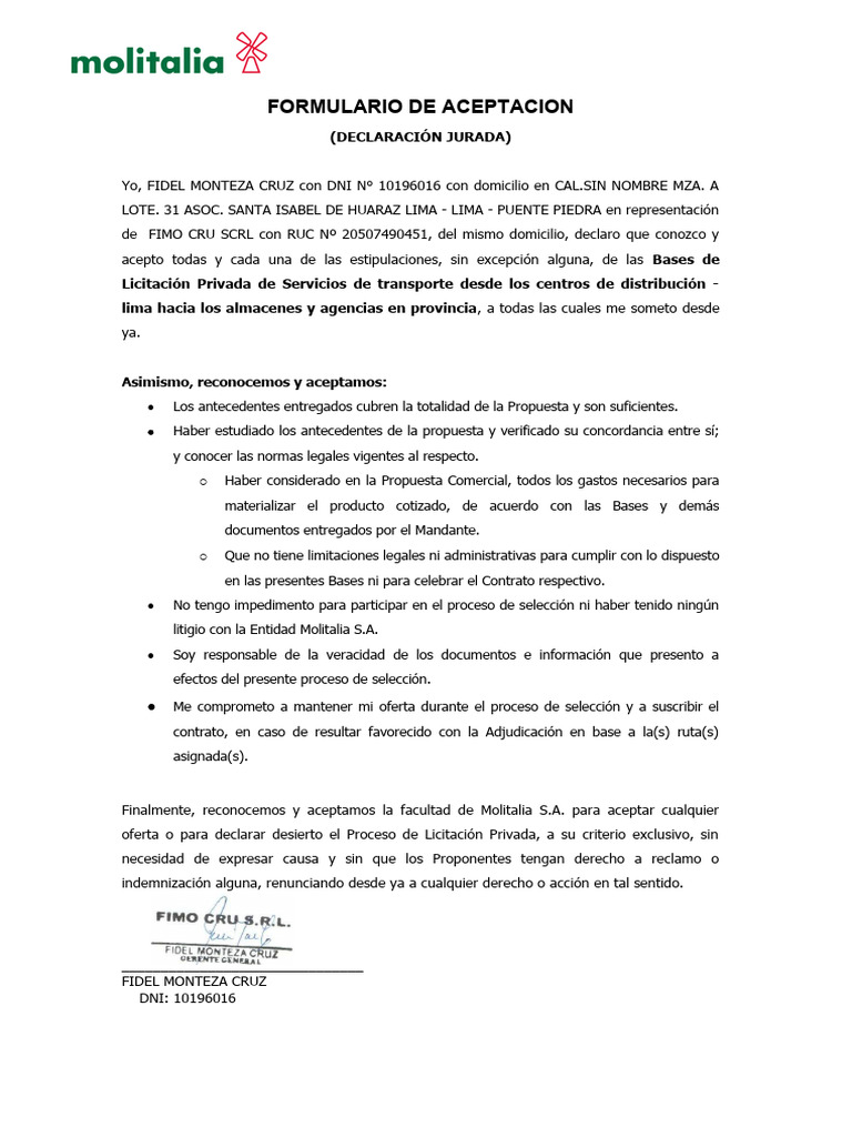 Anexo #04 Declaración Jurada de Aceptación de Servicios | PDF