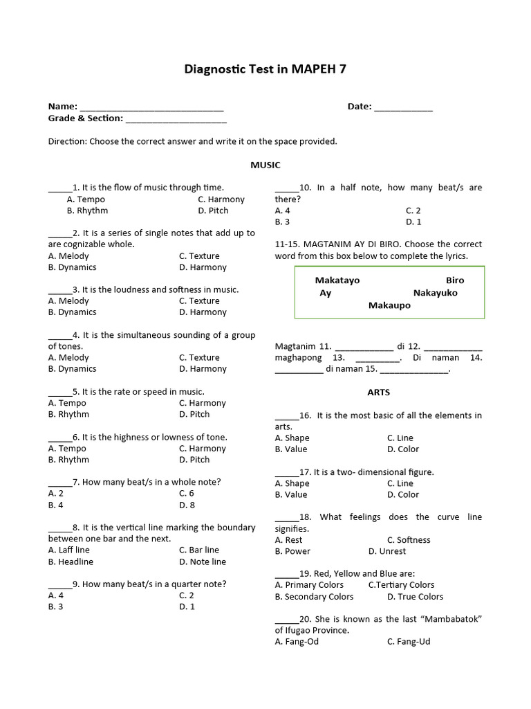 Diagnostic Test in MAPEH 7 | PDF