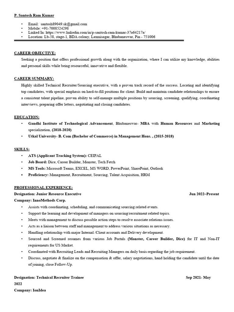 P Santosh Ram Kumar Resume | PDF | Career & Growth | Business