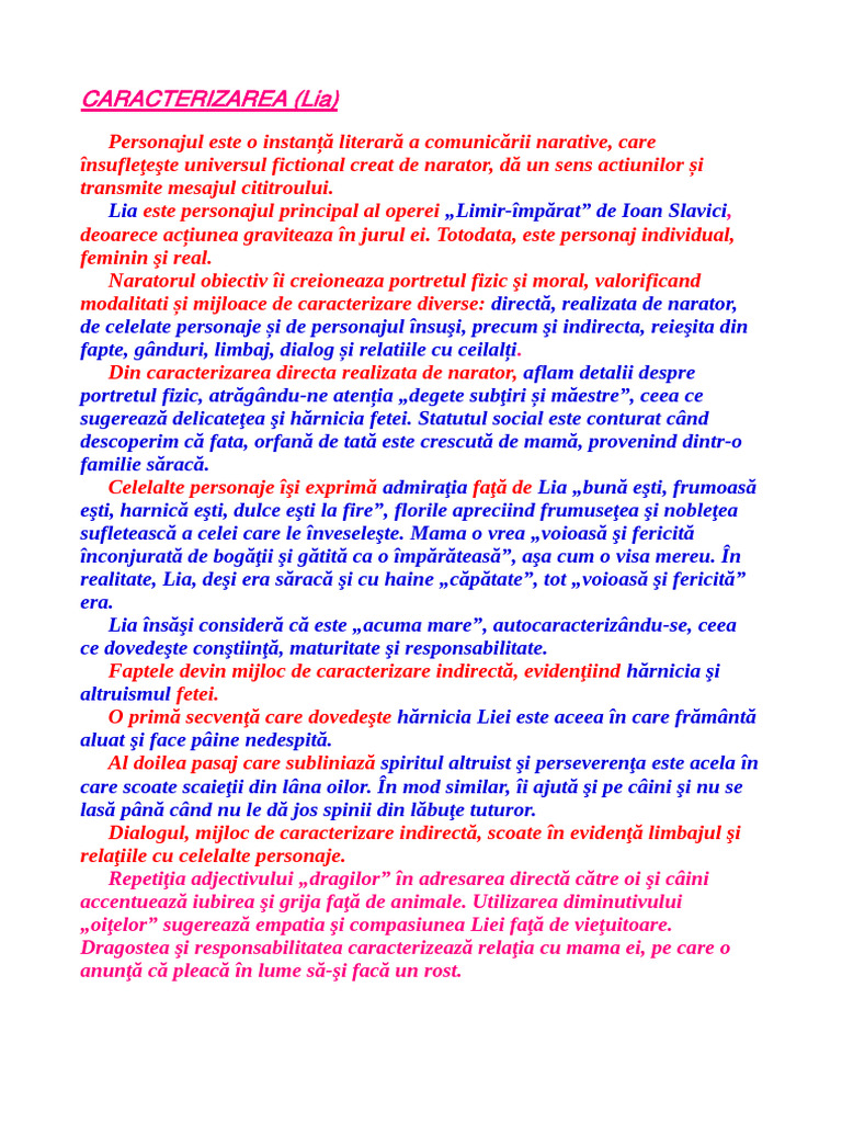 Caracterizare Lia | PDF