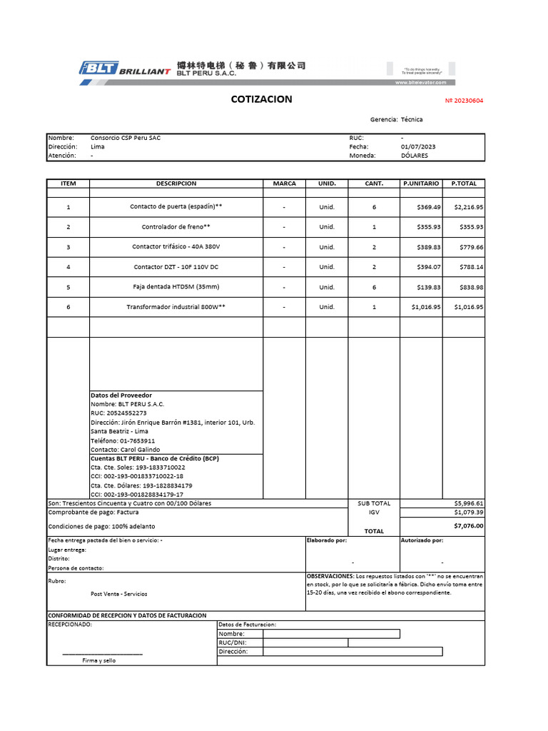 Consorcio CSP Peru - BLT | PDF