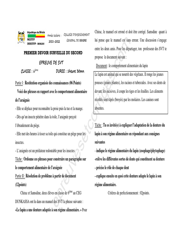 1er Devoir Du 2ème Semestre Svt 6ème 2021-2022 Ceg Sekere | PDF