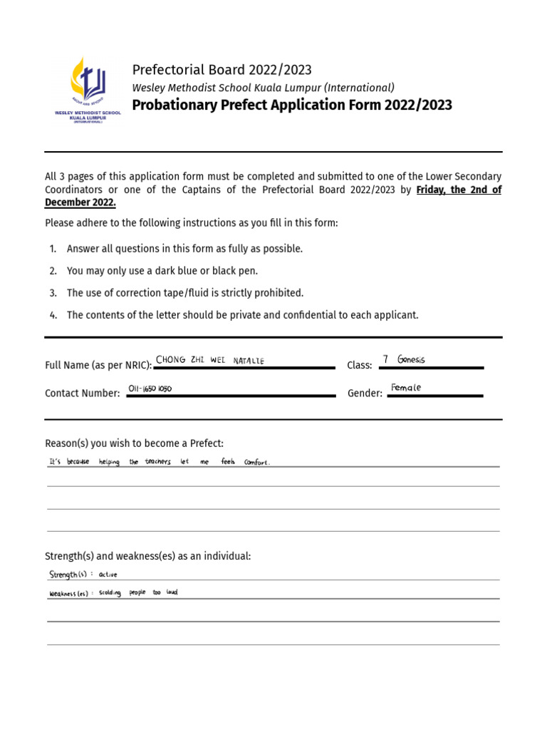 Probationary Prefect Application 2022/2023 | PDF