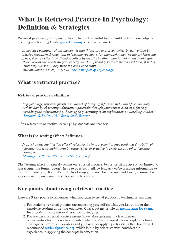 What Is Retrieval Practice in Psychology - Definition & Strategies | PDF