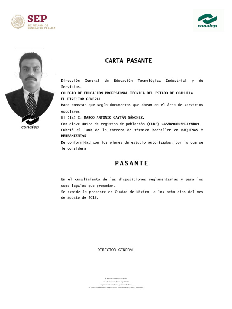 Carta Pasante Conalep Marco Antonio Gaytan Sanchez | PDF