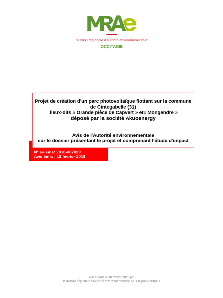Avis MRAe sur parc photovoltaïque à Cintegabelle | PDF