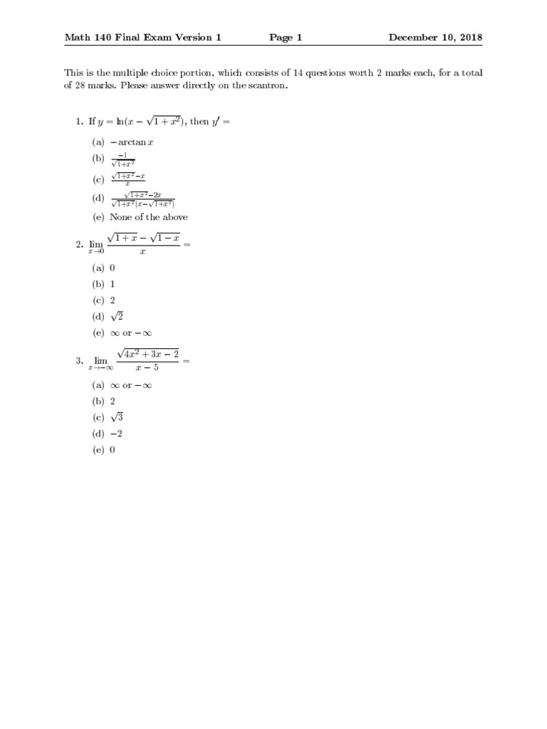 Math 140 Final 2018 V1 | PDF