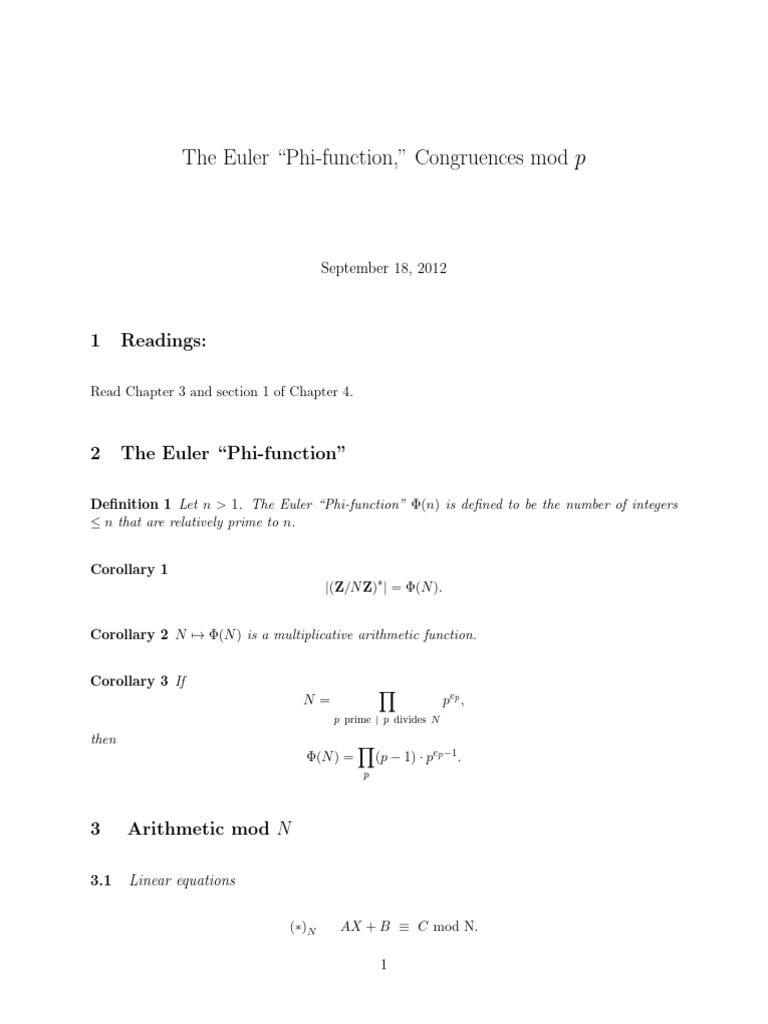 Fifth Lecture..euler Phi Function - Mod.p | PDF