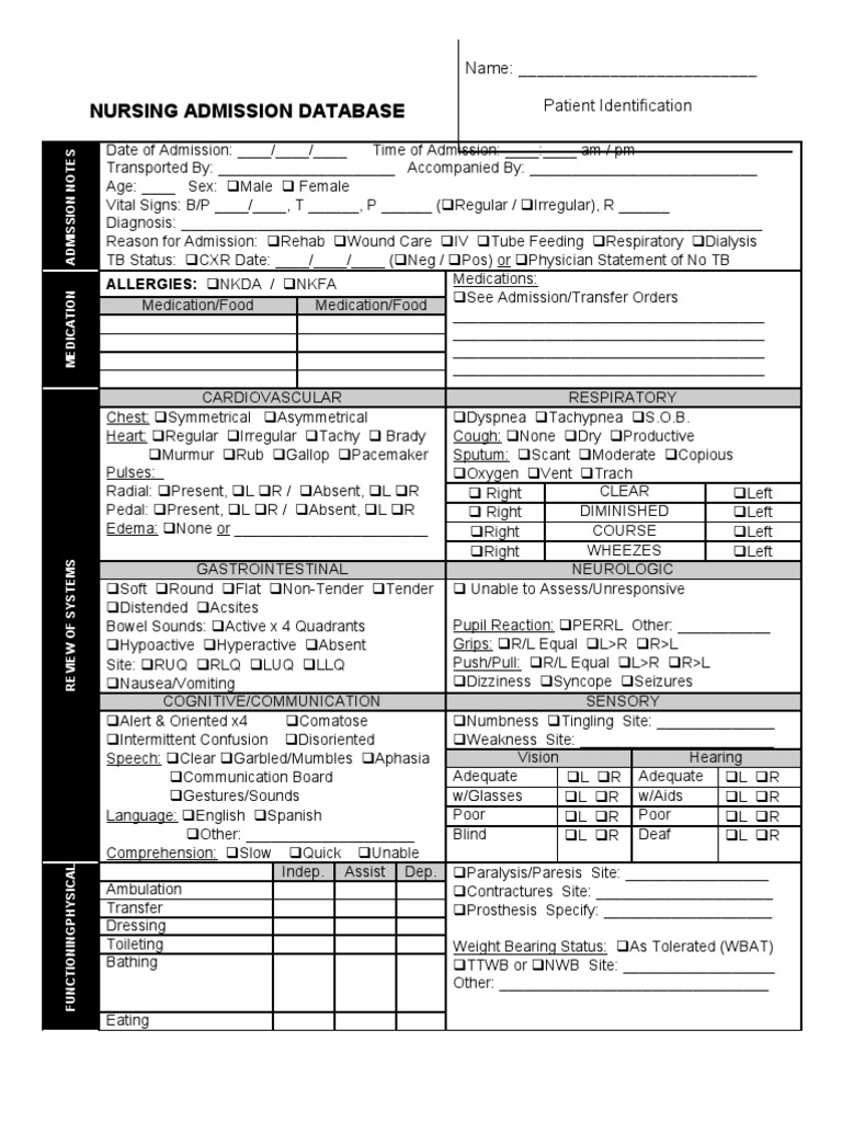 Nursing Admission Assessment | PDF | Wellness