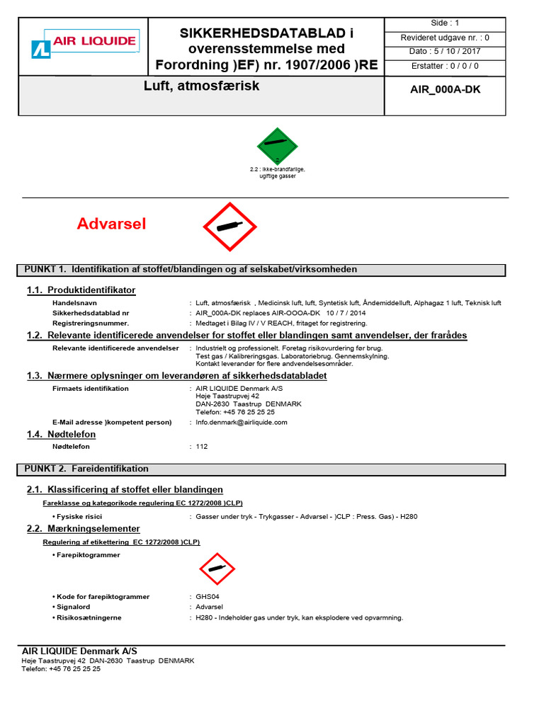 (DK) MSDS Air - Compressed UN 1002 | PDF