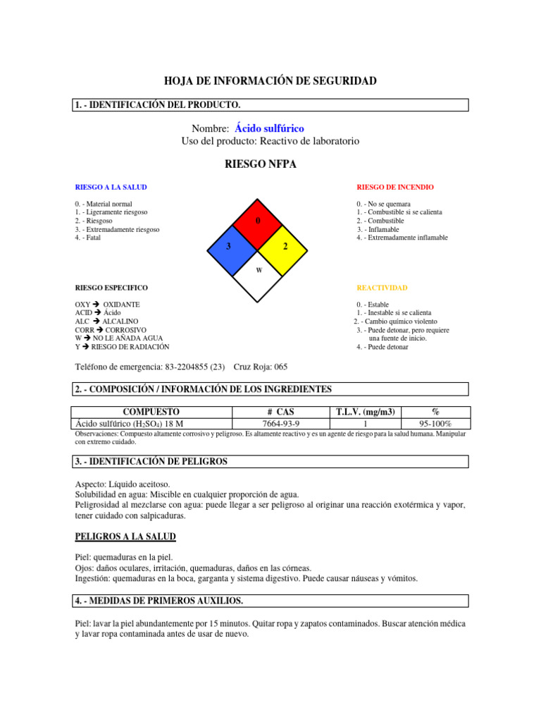Hoja de Información de Seguridad H2so4 | PDF