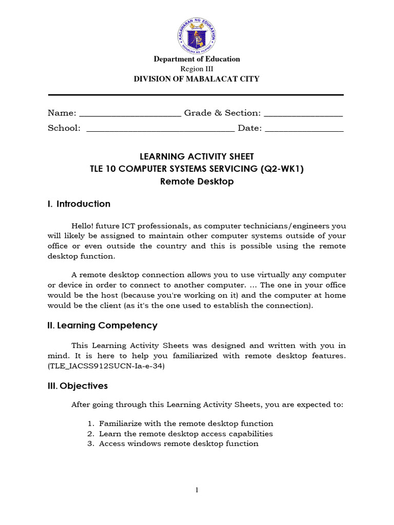 Tle10 Css Q2 Wk1 Remote Desktop Pdf Business Computers