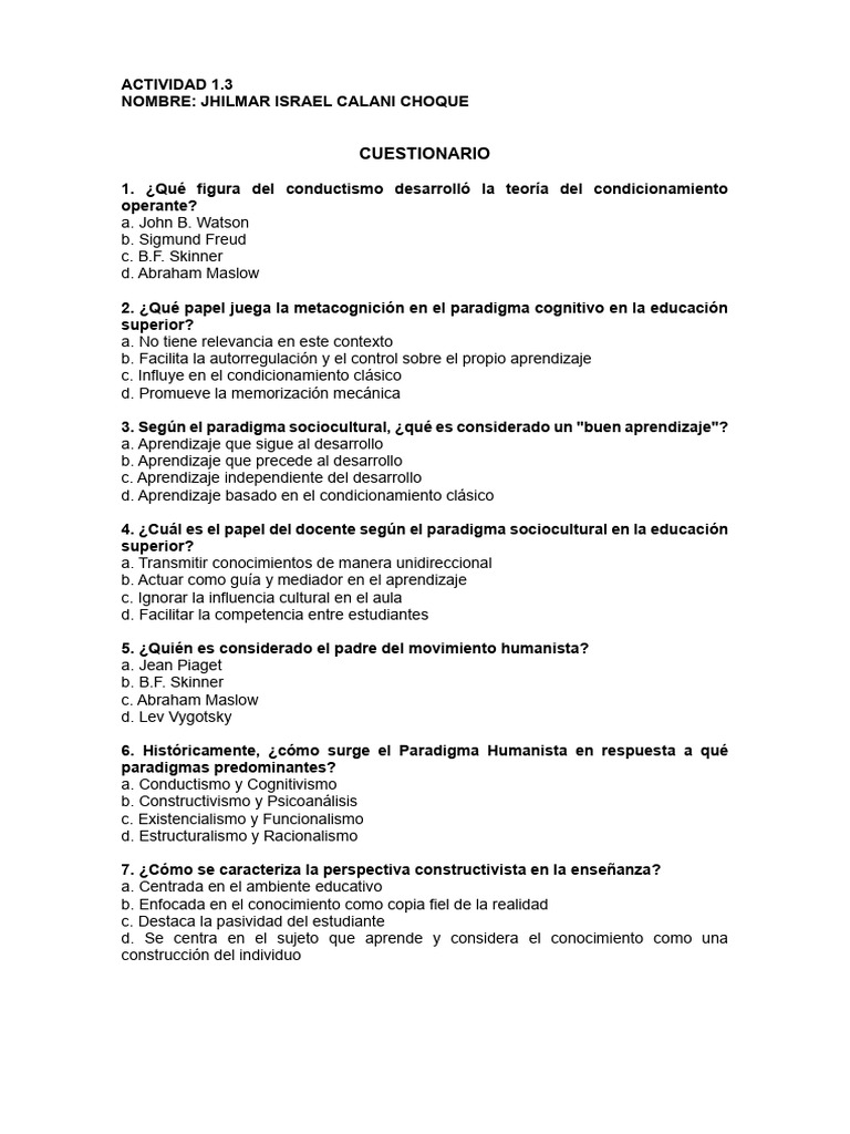 Actividad 1.3. Elaboracion de Un Cuestionario de Diez Preguntas | PDF