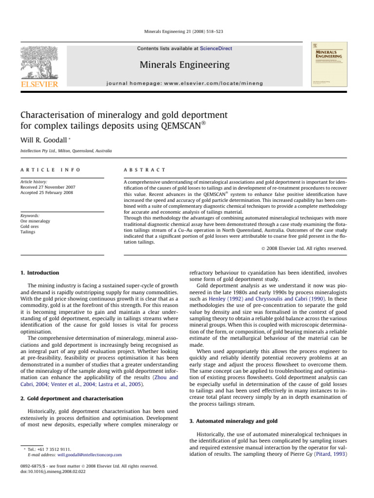 Characterisation of Mineralogy and Gold Deportment For Complex Tailings Deposits Using QEMSCAN | PDF