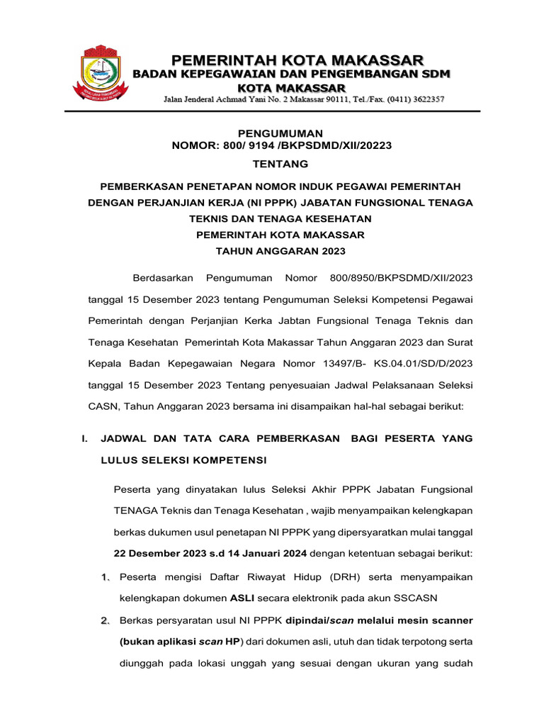 Pengumuman Pemberkasan NI PPPK Teknis Dan Kesehatan 2023 | PDF