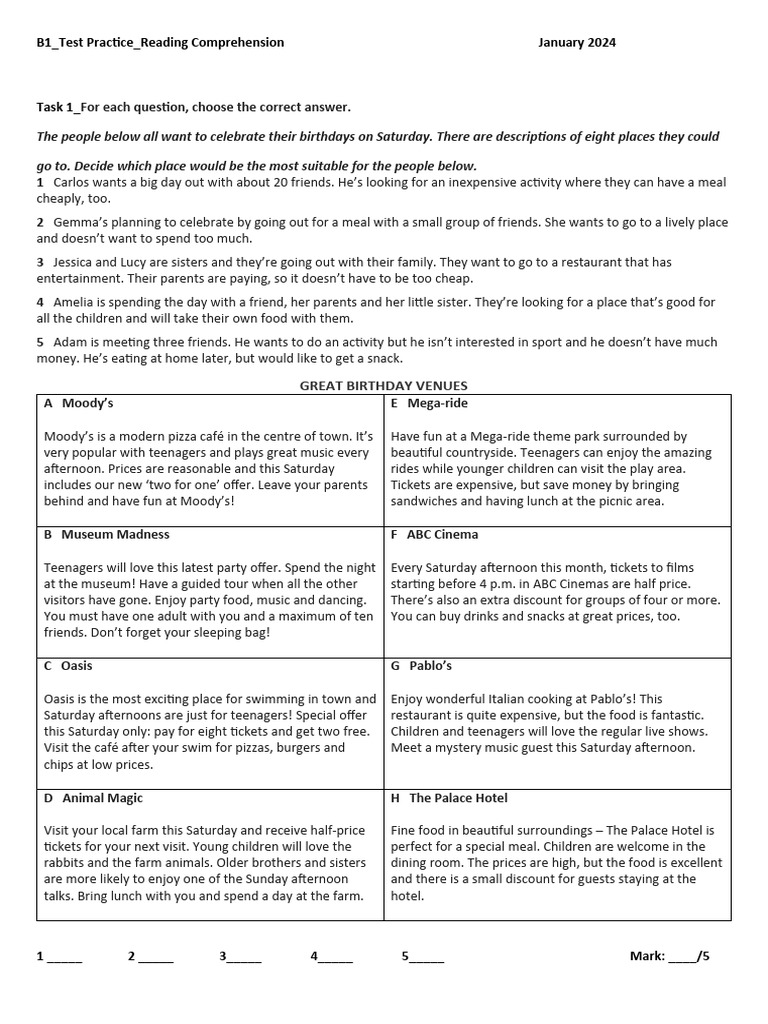 B1 Reading Comprehension Practice | PDF