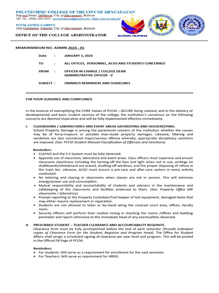 ADMIN MEMO NO. 2024 01 Omnibus Reminders and Guidelines | PDF