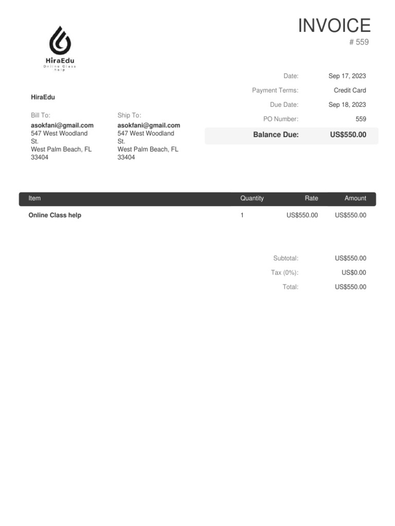 Invoice for Online Class Help - $550 | PDF