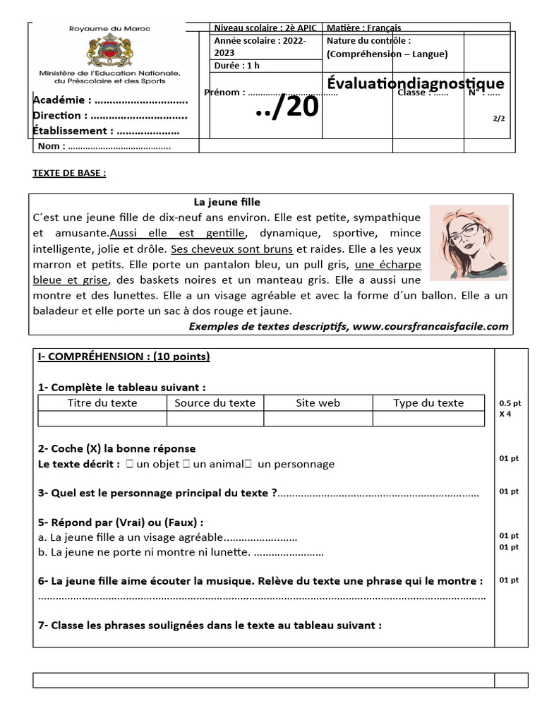 Evaluation Diagnostique 2apic 22-23 Maclasseidealepointcom | PDF
